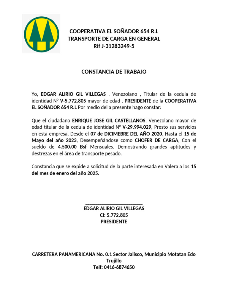 Constancia De Trabajo Chofer Carga Pdf