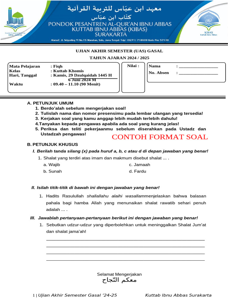 FORMAT SOAL UAS '24-25 | PDF