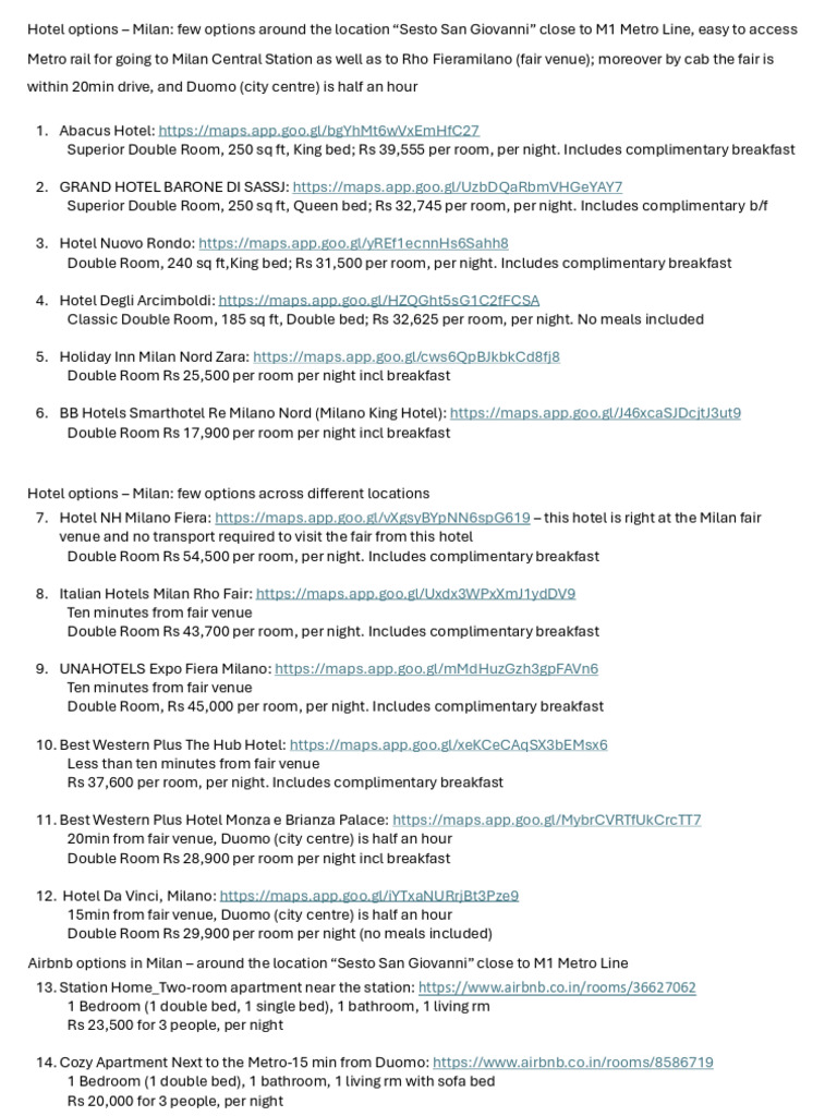 Hotel and Airbnb Options 26jan | PDF | Milan | Bed