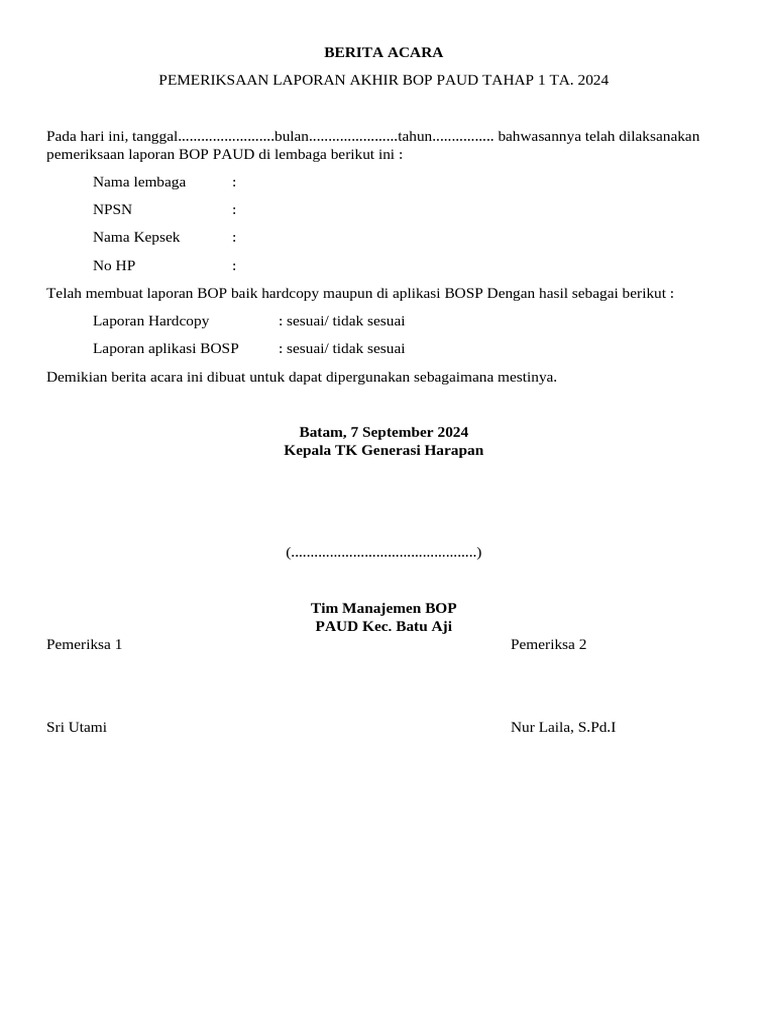 Pemeriksaan Laporan BOP PAUD 2024 | PDF