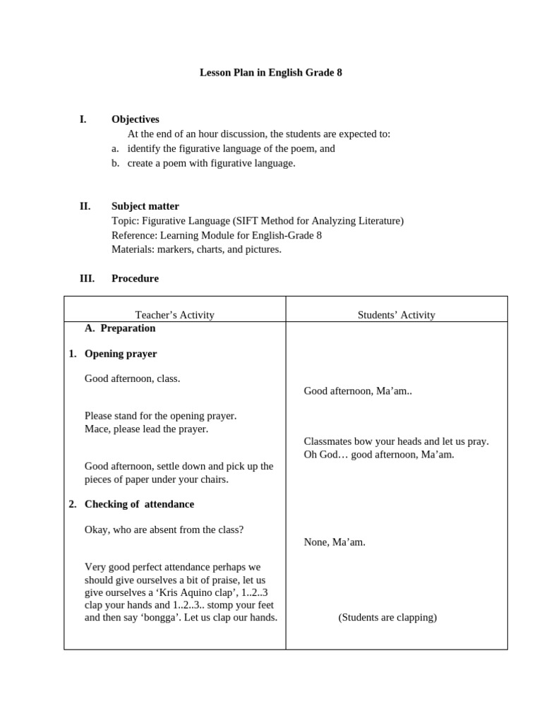 Grade 8 Lesson Plan: Figurative Language | PDF | Metaphor