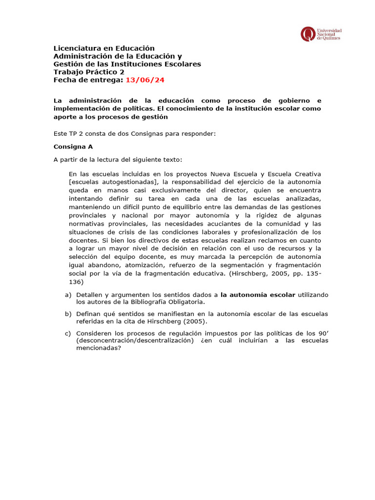 TP2 Administración y Gestión 2024 | PDF | Escuelas | Bibliografía