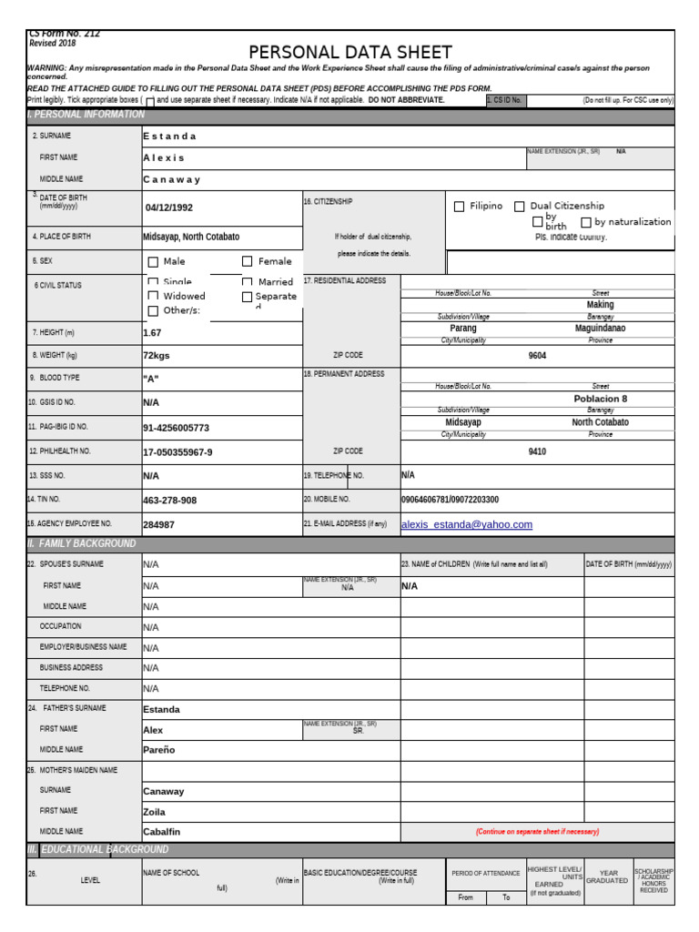 2 Personal Data Sheet Cs Form No 212 Revised 2018 | PDF | Government ...