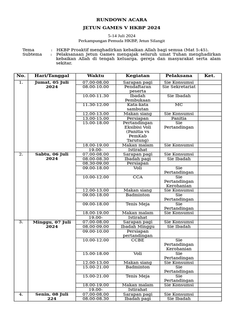 Revisi 1 - RUNDOWN ACARA Jetun Games HKBP 2024 | PDF