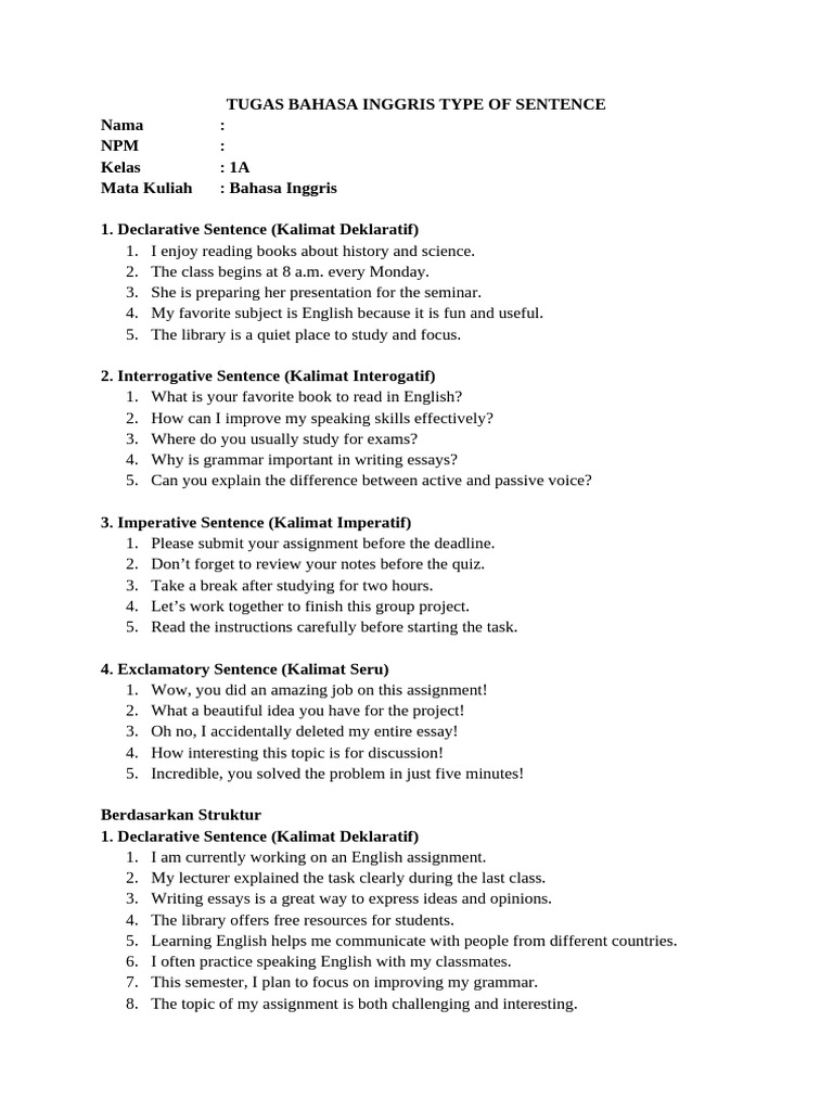 English Sentence Types Assignment | PDF | English Language | Sentence ...