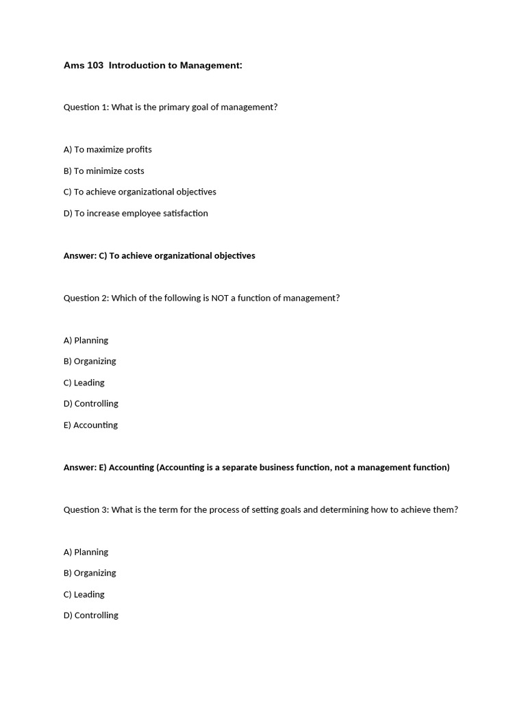 AMS PRINCIPLE OF MANAGEMENT (Practical Questions) | PDF | Goal ...