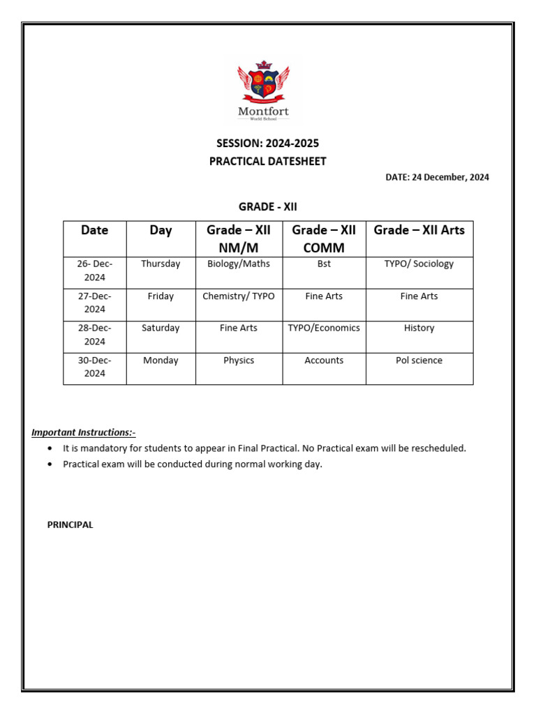 Grade XII Practical Exam Schedule | PDF