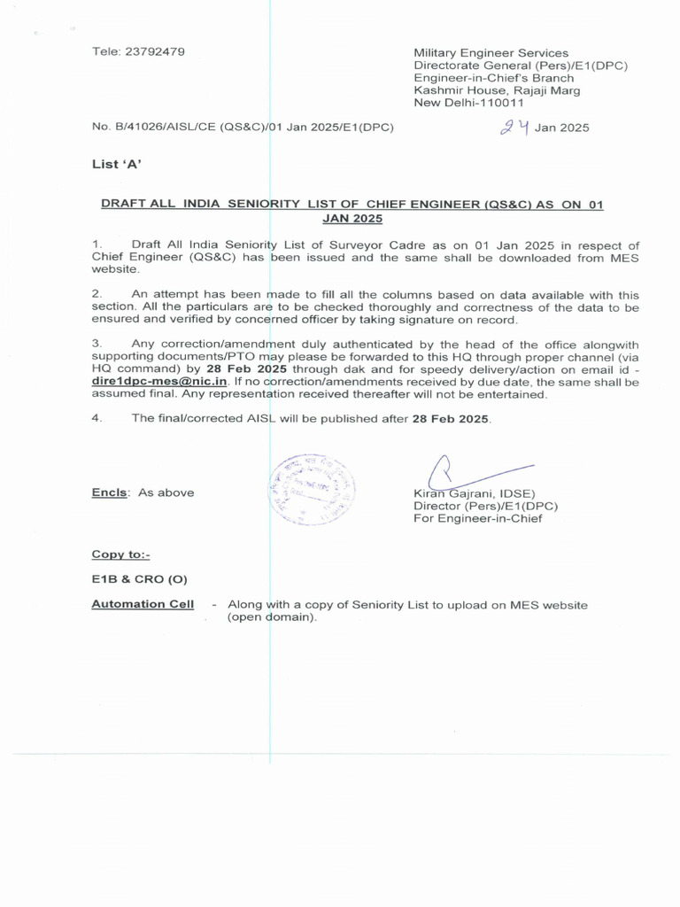 Draft All India Seniority List of Chief Engineer (QS&C) DT 24 Jan 2025 ...