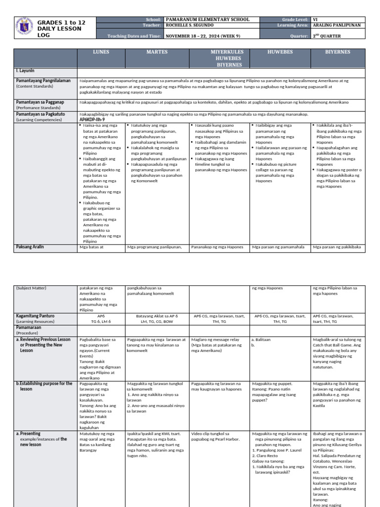 DLL - Araling Panlipunan 6 - Q2 - W9 | PDF