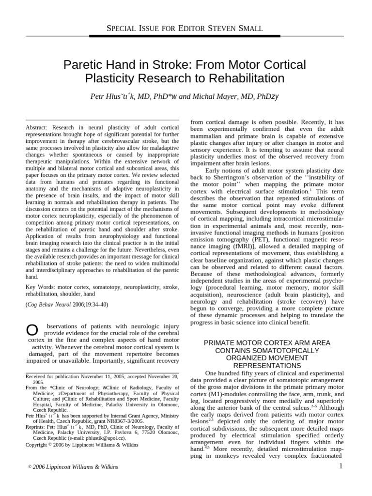 Paretic Hand in Stroke - Word | PDF | Neuroplasticity | Cerebral Cortex