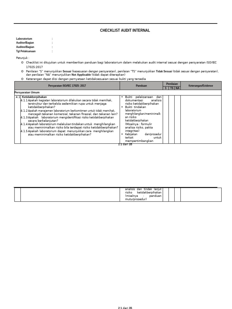 Checklist Audit Internal Iso 17025 2017 | PDF