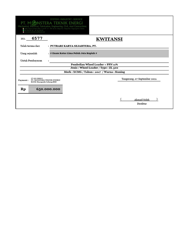 Kwitansi Pembelian Wheel Loader XCMG | PDF