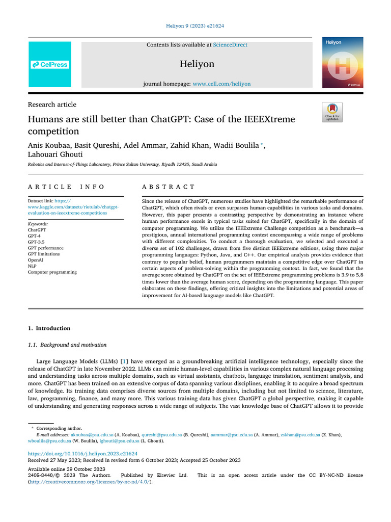 Humans Are Still Better Than ChatGPT Case of The IEEEXtreme Competition | PDF | Computer ...