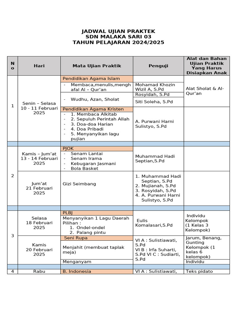 Jadwal Ujian Praktek 2024-2025 | PDF