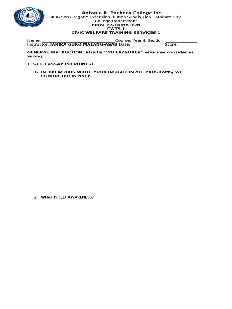 CWTS 1 Final Exam Instructions | PDF