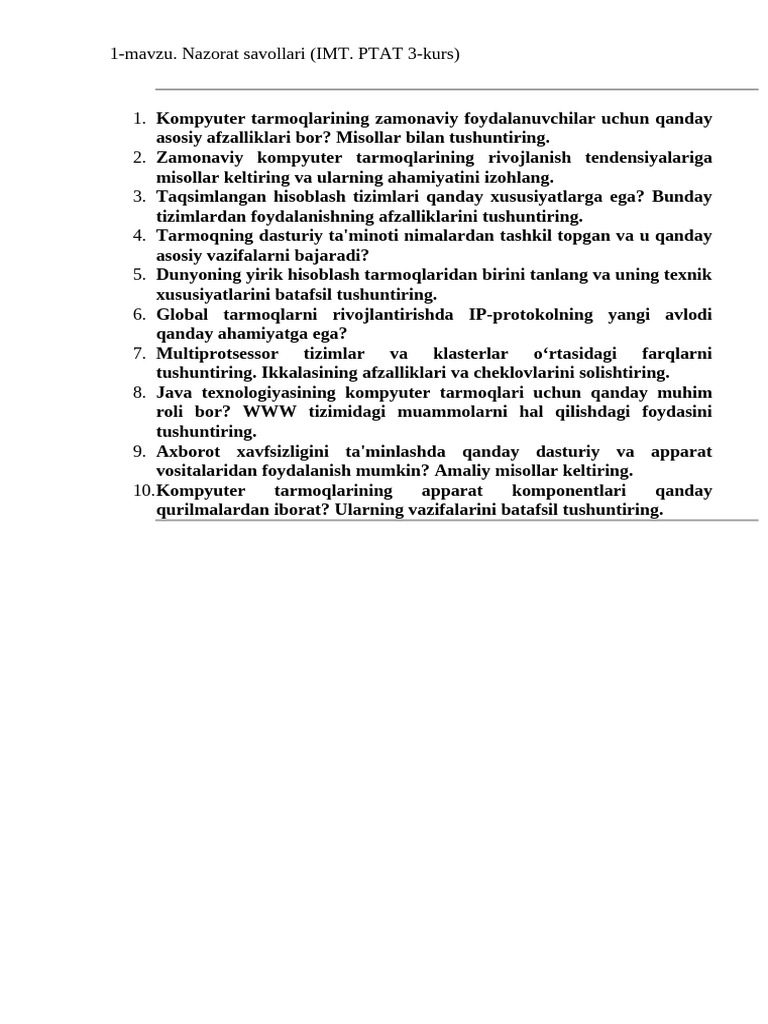 1-Mavzu. Nazorat Savollari (IMT. PTAT 3-Kurs) | PDF