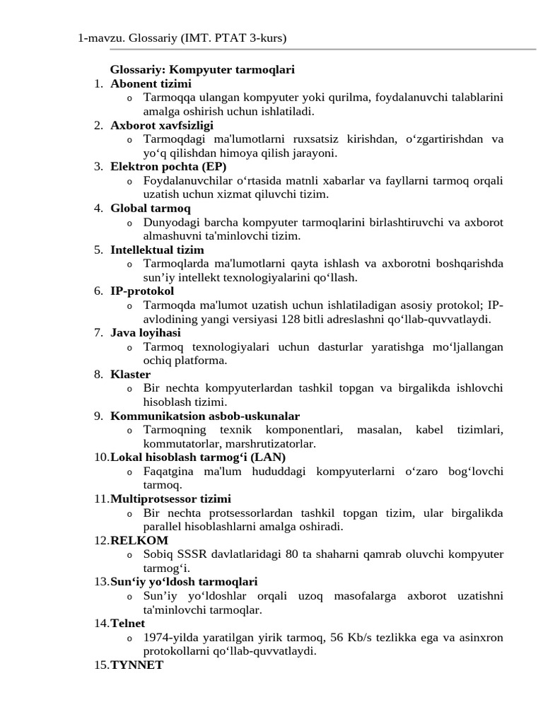 1-Mavzu. Glossariy (IMT. PTAT 3-Kurs) | PDF
