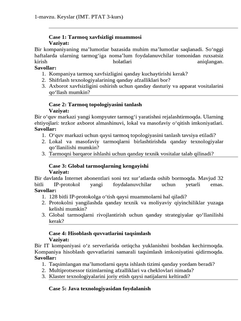 1-Mavzu. Keyslar - Javobsiz (IMT. PTAT 3-Kurs) | PDF