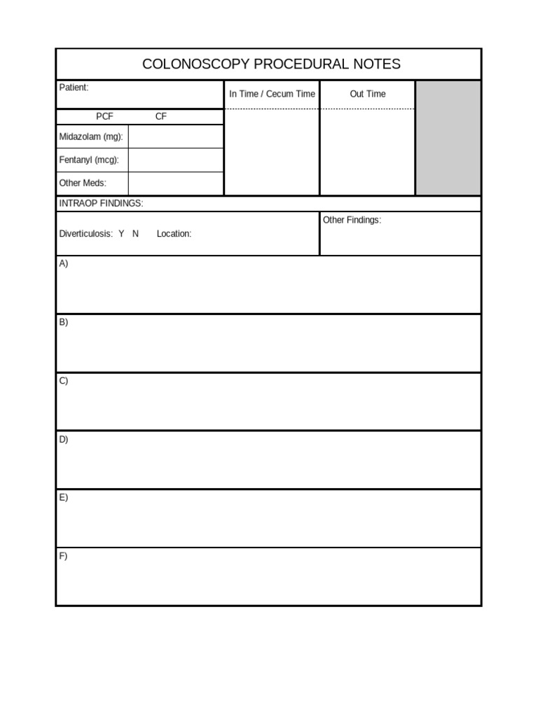 Colonoscopy Procedural Notes One Page | PDF