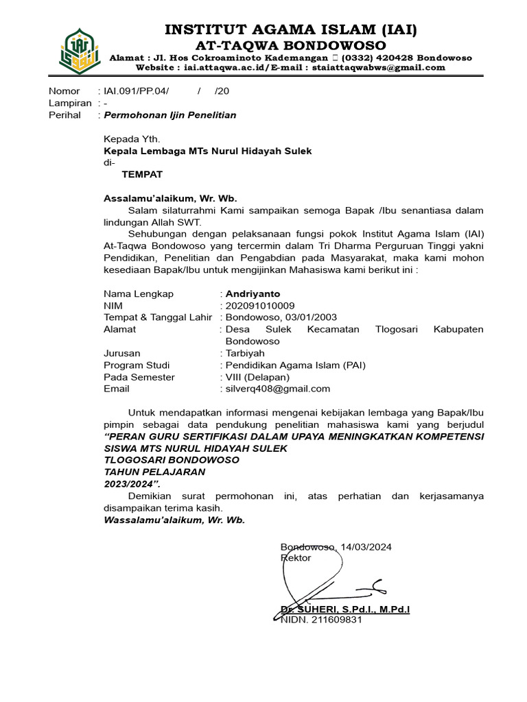 SURAT IJIN PENELITIAN Andriyanto | PDF