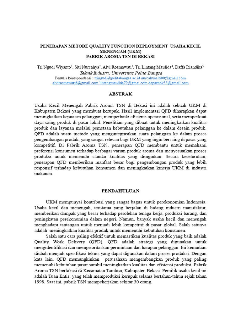 Penerapan Metode Quality Function Deployment Usaha Kecil Menengah (Ukm) Pabrik Aroma TSN Di ...