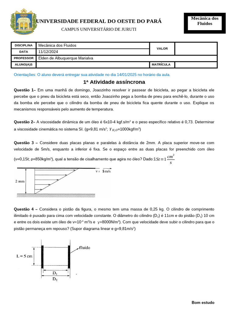 1 Atividade Assi Mecanica Dos Fluidos 2024.2 | PDF