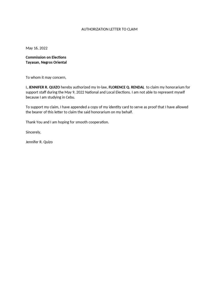 Authorization Letter To Claim | PDF