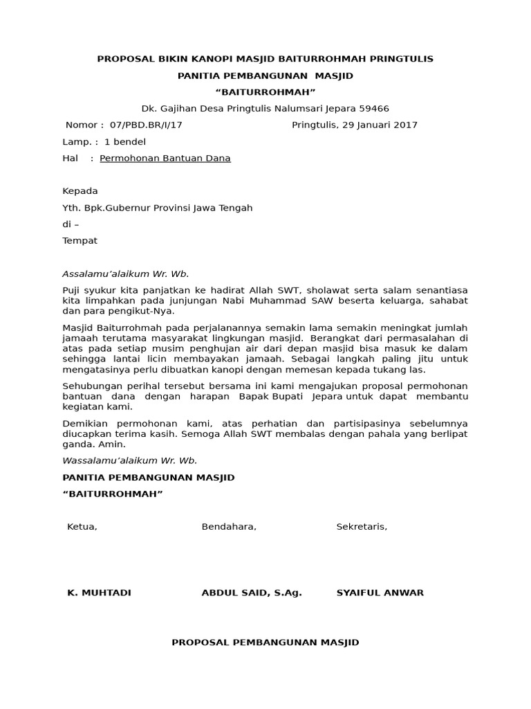PROPOSAL BIKIN KANOPI MASJID BAITURROHMAH PRINGTULIS | PDF