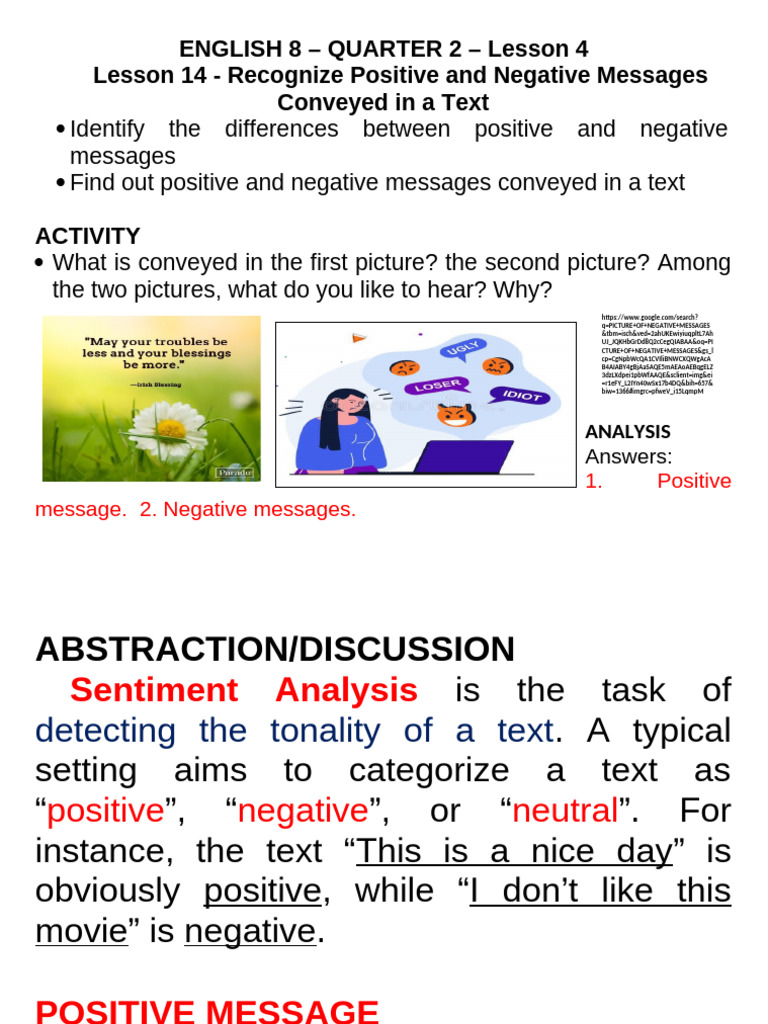 ENGLISH 8-Q2-Lesson 4-Positive & Negative Messages | PDF | Tone ...