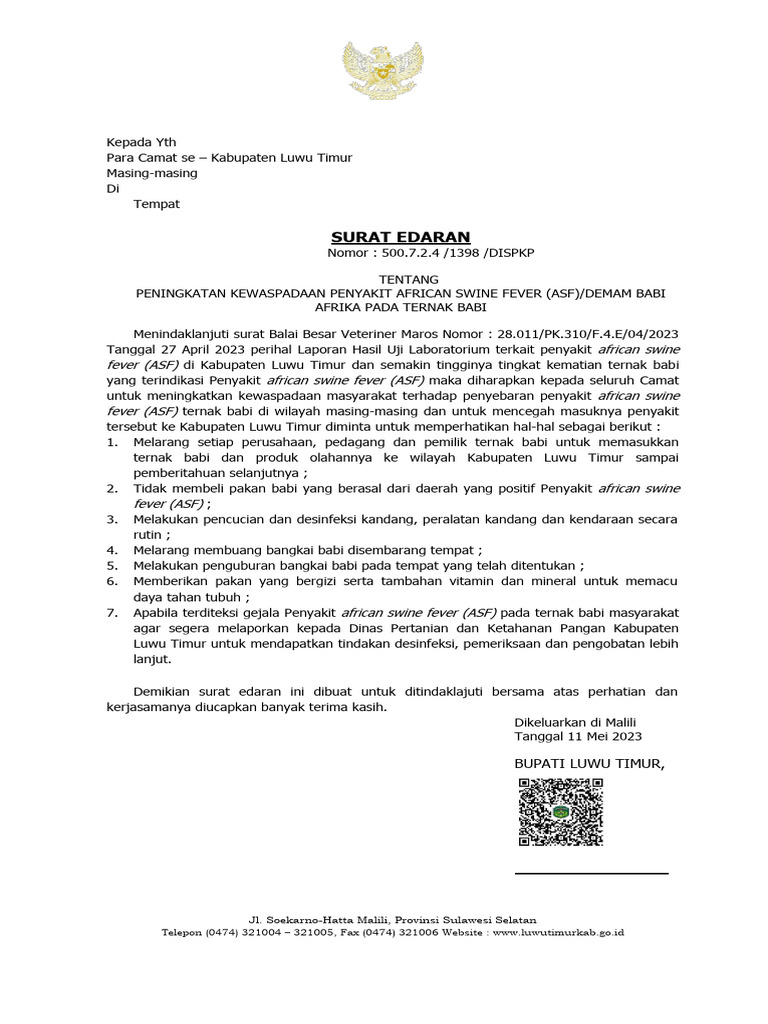 SE BUPATI KEWASPADAN ASF 2023 | PDF