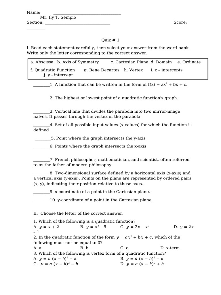 Quiz 1 - Grade 9 Quadratic Function | PDF | Cartesian Coordinate System ...