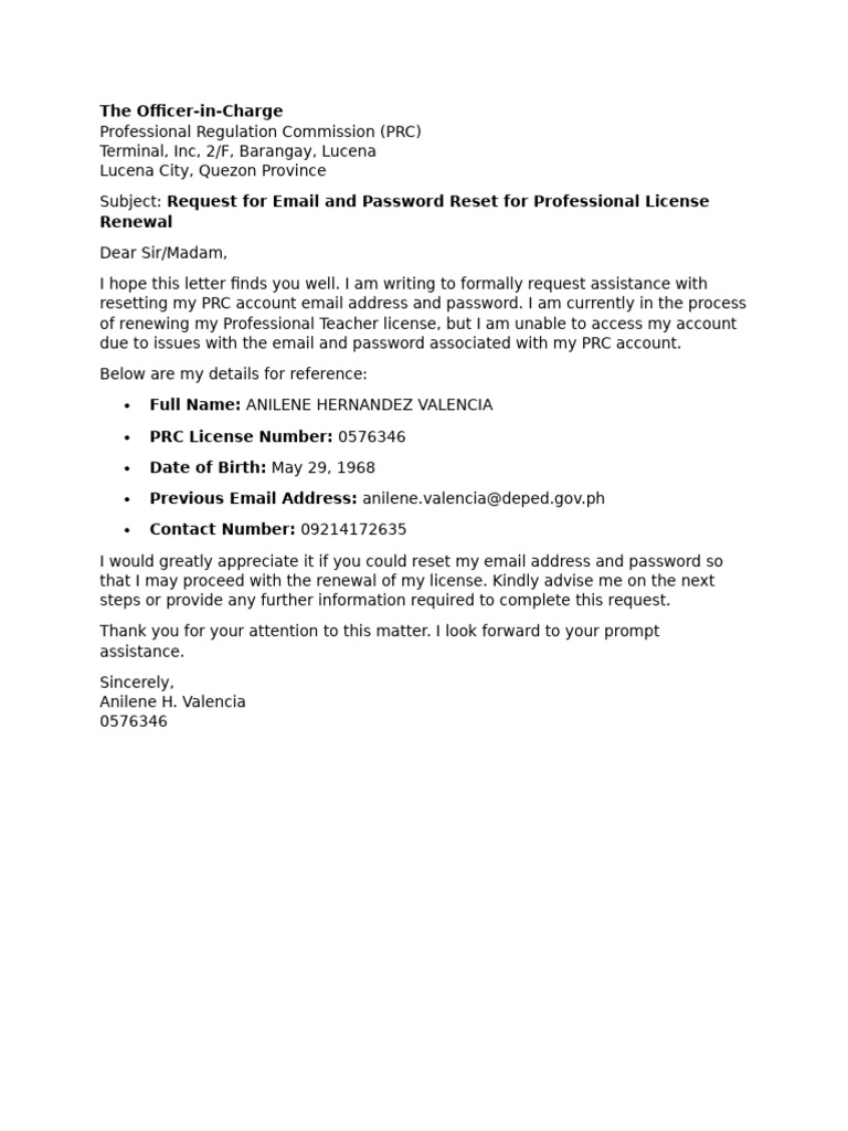 Request for Email and Password Reset for Professional License Renewal | PDF
