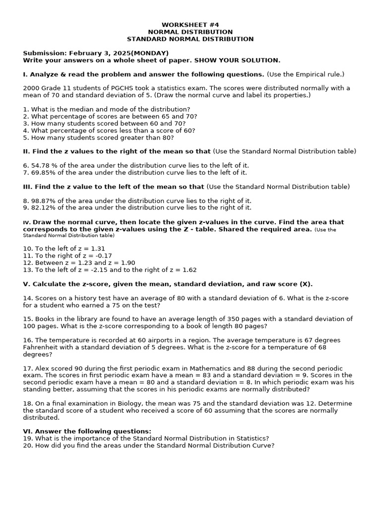 Normal Distribution Worksheet | PDF | Standard Score | Standard Deviation