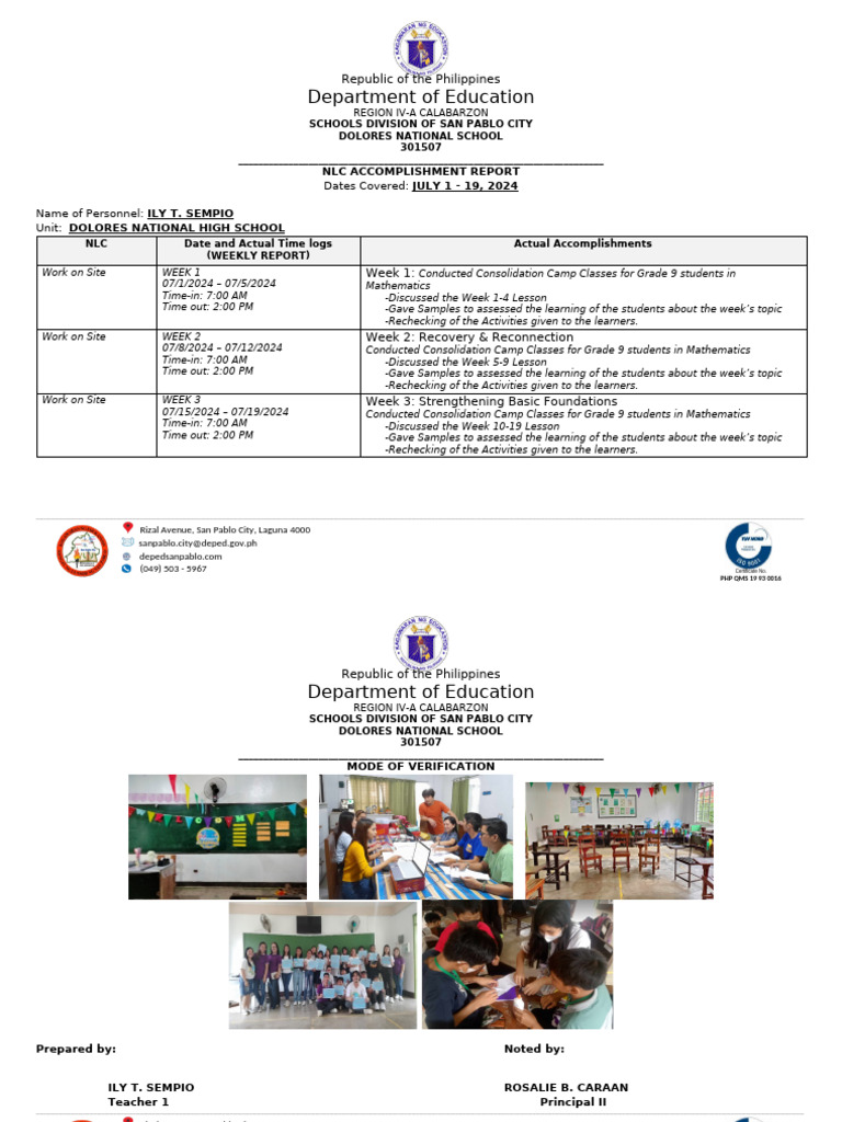 Sempio NLC Accomplishments Report | PDF | Pedagogy | Teaching