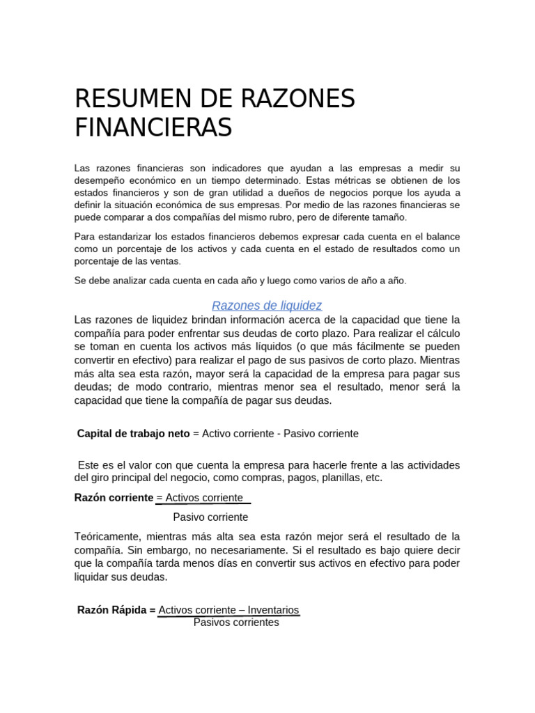 Resumen de Razones Financieras | PDF | Ratio financiero | Compartir ...