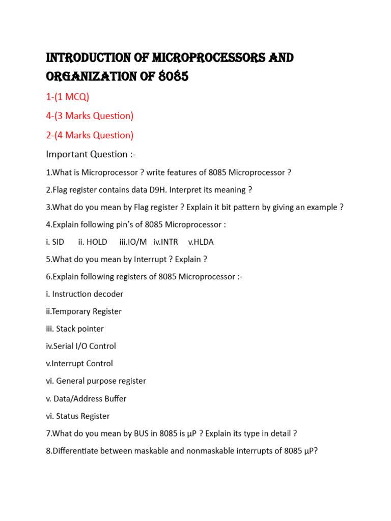 Introduction of Microprocessors and Organization of 8085 IMP Question | PDF | Computer Science ...