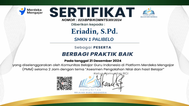 Sertifikat Berbagi Praktik Baik Eriadin, S.pd. Asesmen Pengolahan Nilai | PDF