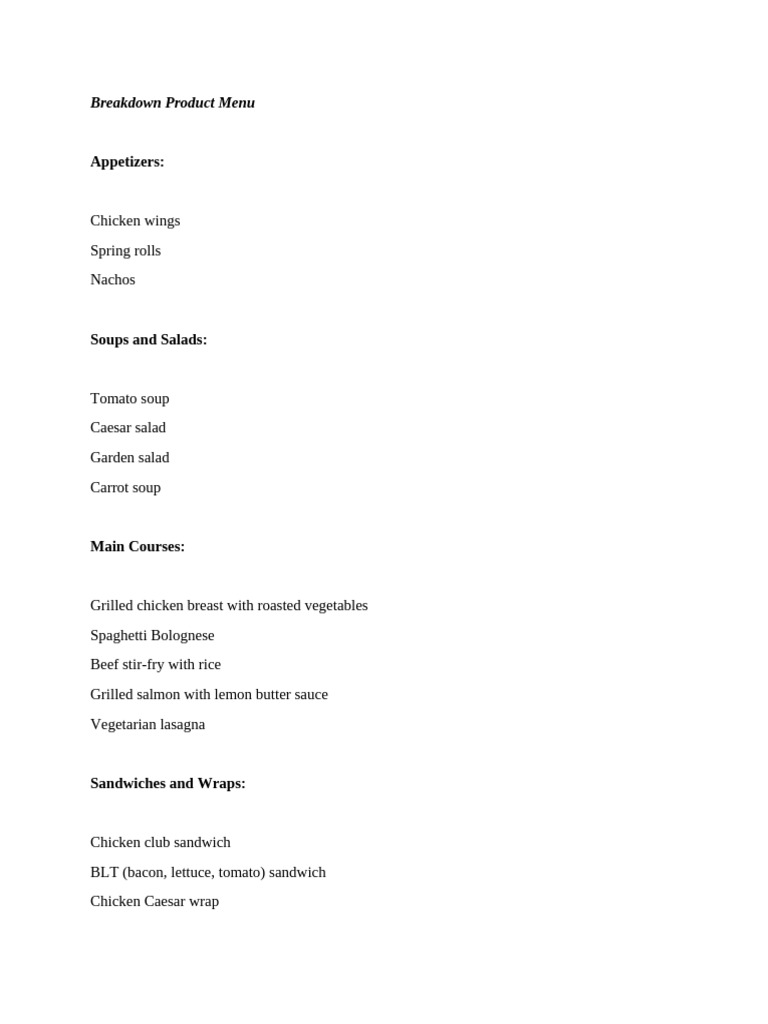 Comprehensive Menu Breakdown | PDF