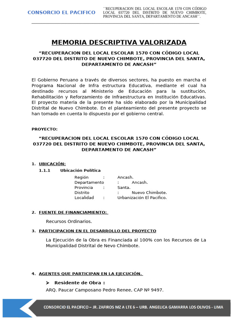 Memoria Descriptiva Valorizada-Liq. Final | PDF | Fundación (Ingeniería) | Hormigón