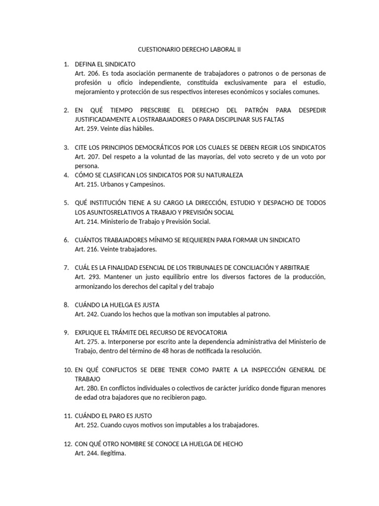 Cuestionario Derecho Laboral Ii | PDF | Derecho laboral