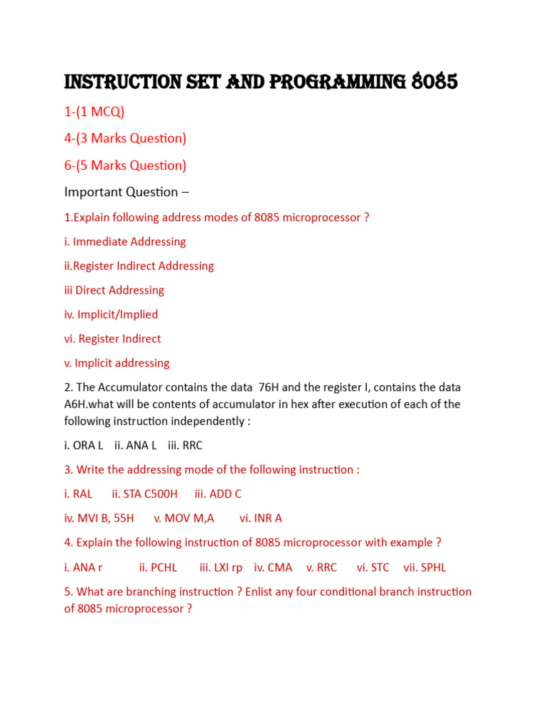 Instruction Set and Programming 8085 IMP Question | PDF
