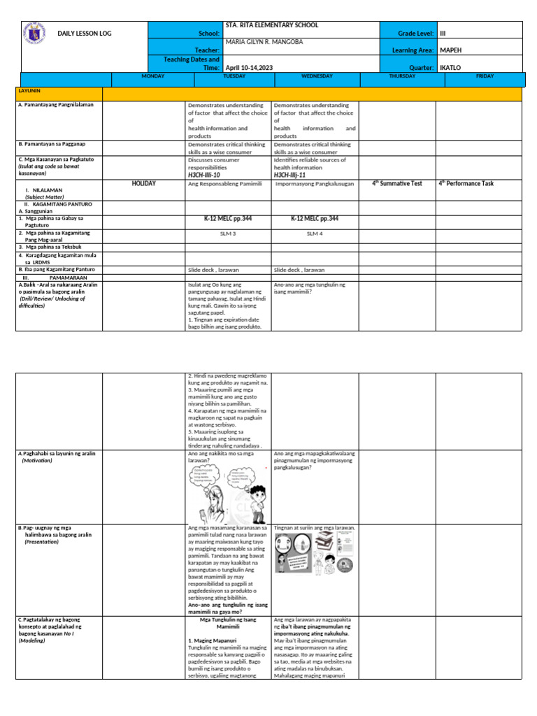 DLL - Mapeh 3 - Q3 - W9 - Health | PDF