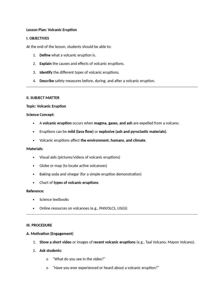 Lesson Plan, Volcanic Eruption | PDF | Types Of Volcanic Eruptions ...