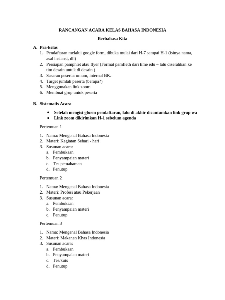 Rancangan Acara Kelas Bahasa Indonesia | PDF
