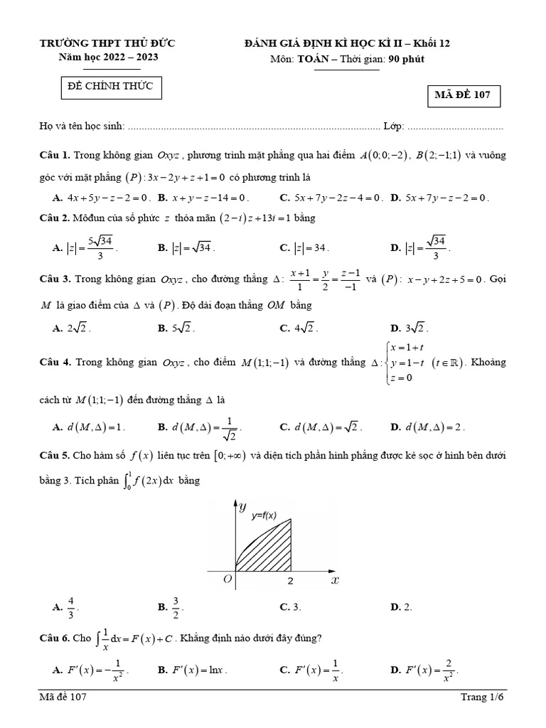 De Cuoi Hoc Ki 2 Toan 12 Nam 2022 2023 Truong Thpt Thu Duc Tp Hcm | PDF