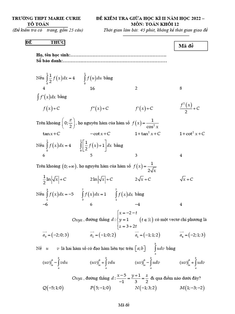 De Giua Hoc Ki 2 Toan 12 Nam 2022 2023 Truong THPT Marie Curie TP HCM | PDF
