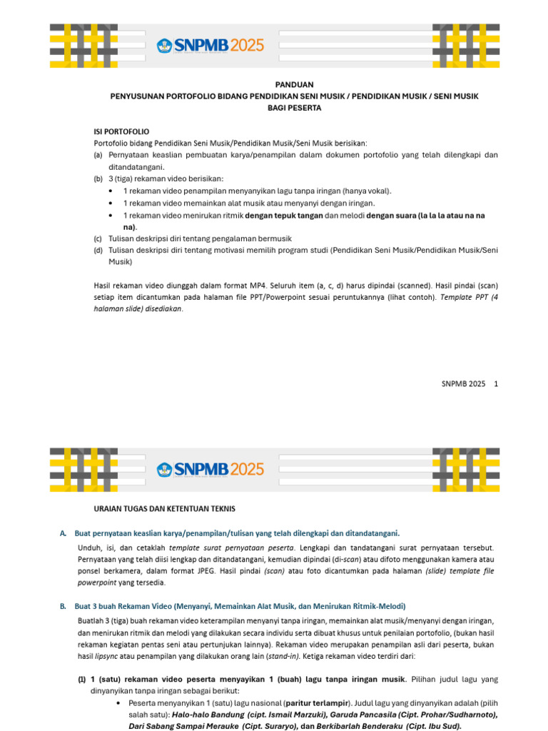 Instruksi Kerja Portofolio Musik SNPMB 2025 | PDF