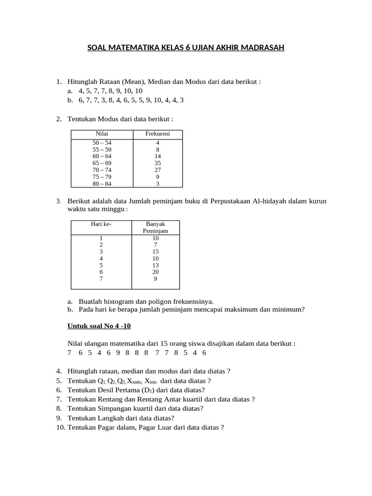 Soal Matematika Kelas 6 Ujian Akhir Madrasah | PDF