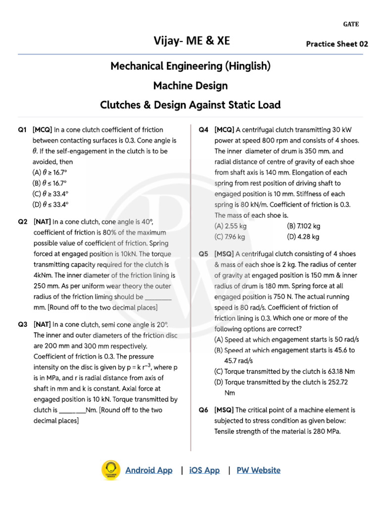Clutches & Design Against Static Load - Practice Sheet 02 | PDF