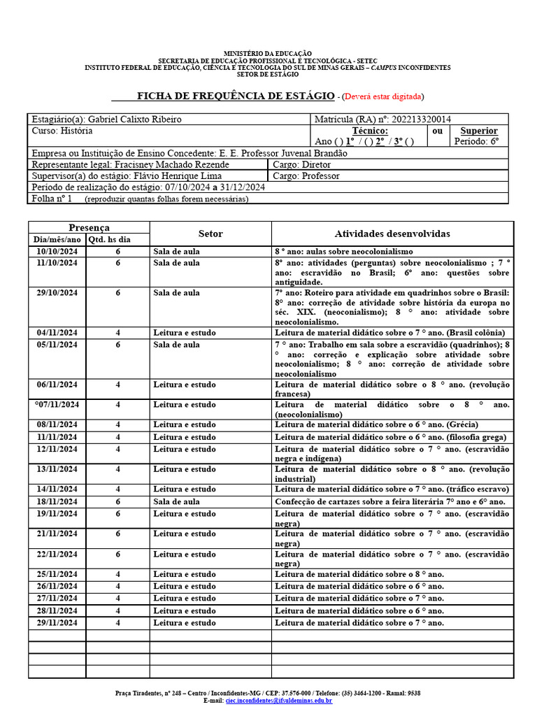 Ficha de Frequência de Estágio | PDF